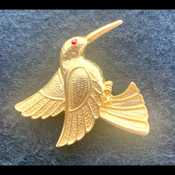 Jewelry | Vintage Hummingbird Brooch Pin Gold Tone With Red Rhinestone ...